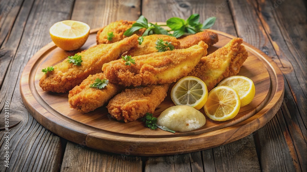 Golden fried catfish fillets served on rustic wooden platter with side ...