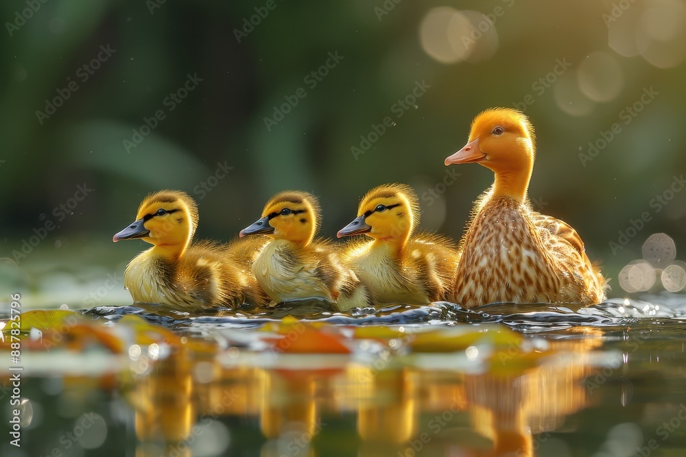 Five yellow ducklings waddling in a straight line on the edge of a pond ...