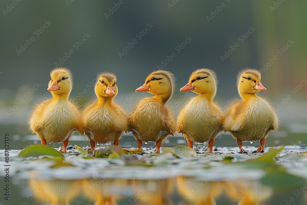 Five yellow ducklings waddling in a straight line on the edge of a pond ...