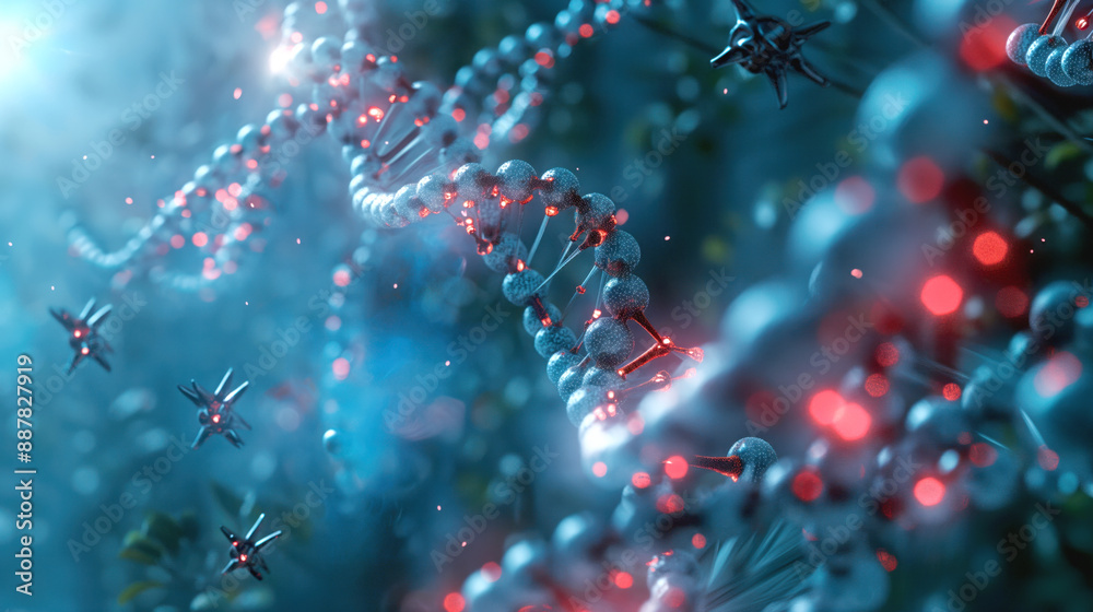 A detailed visualization of a DNA double helix strand with glowing red ...