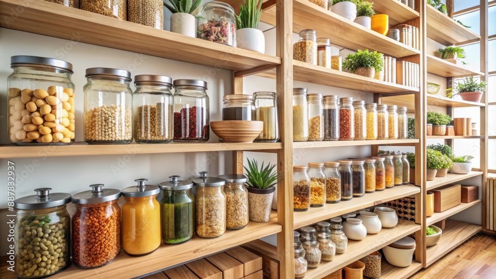 Organized pantry with wooden shelves showcasing reusable storage jars ...