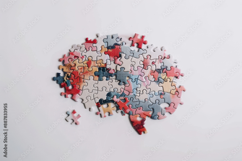 Colorful puzzle pieces forming the shape of a human brain, symbolizing ...