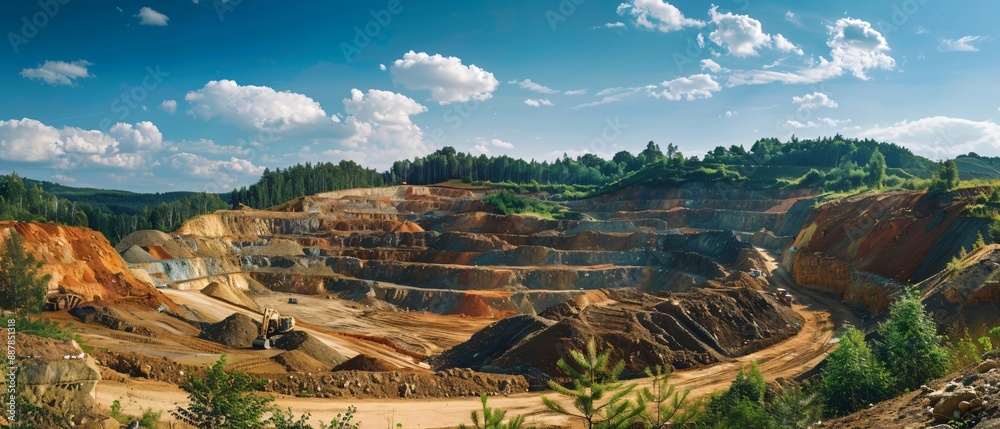 Excavator working in open pit mine, extracting minerals under clear ...