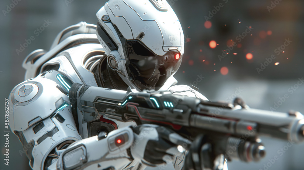 Futuristic soldier in advanced exoskeleton armor aiming a high-tech ...