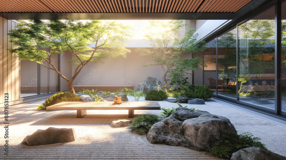Modern Japanese-inspired zen garden with wooden bench, raked sand ...