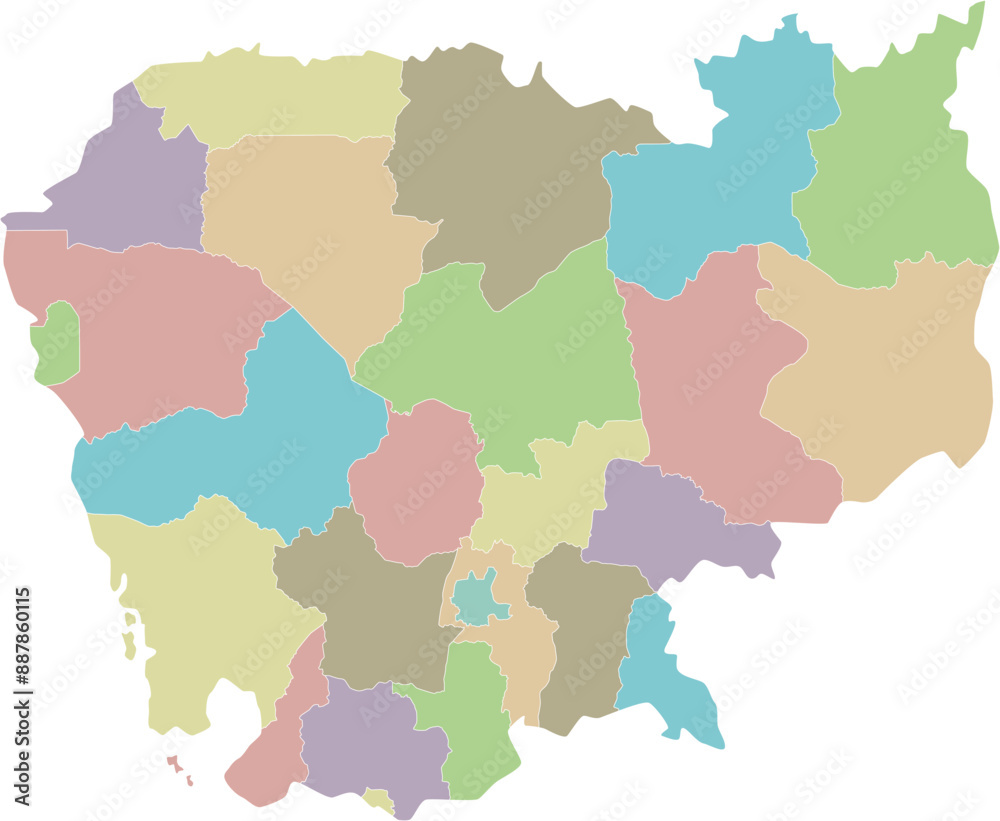 Vector regional blank map of Cambodia with provinces and administrative ...