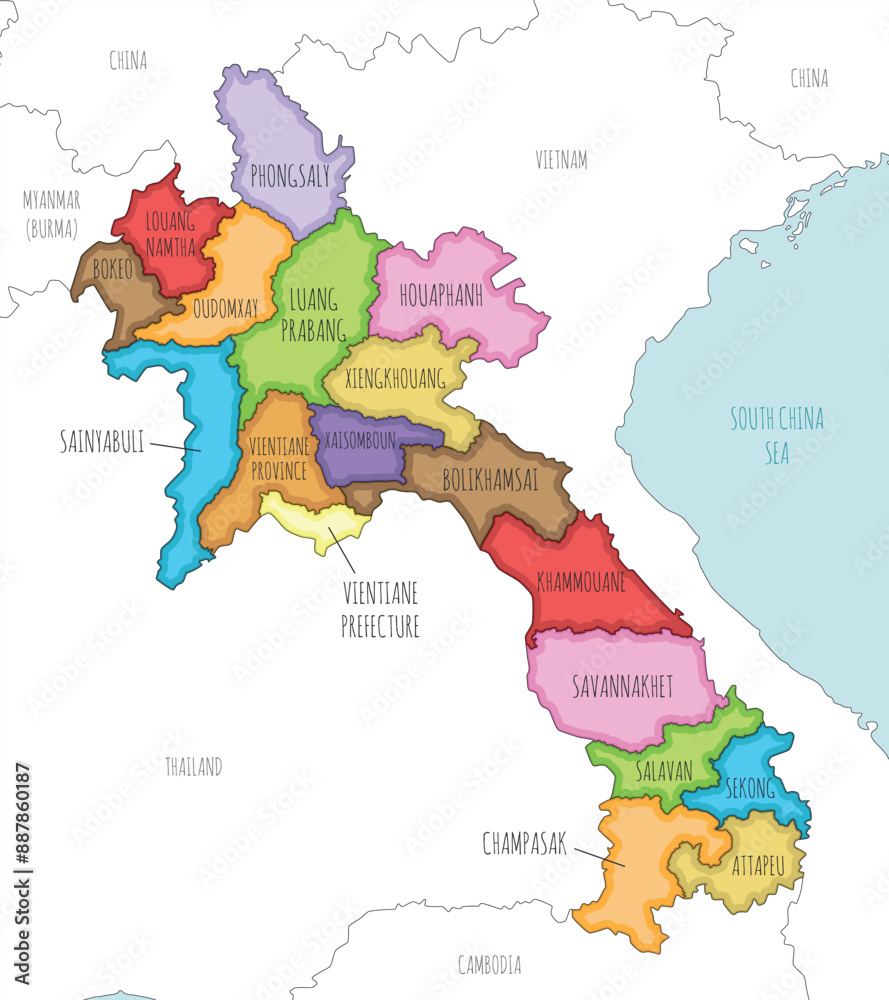 Vector illustrated regional map of Laos with provinces and ...