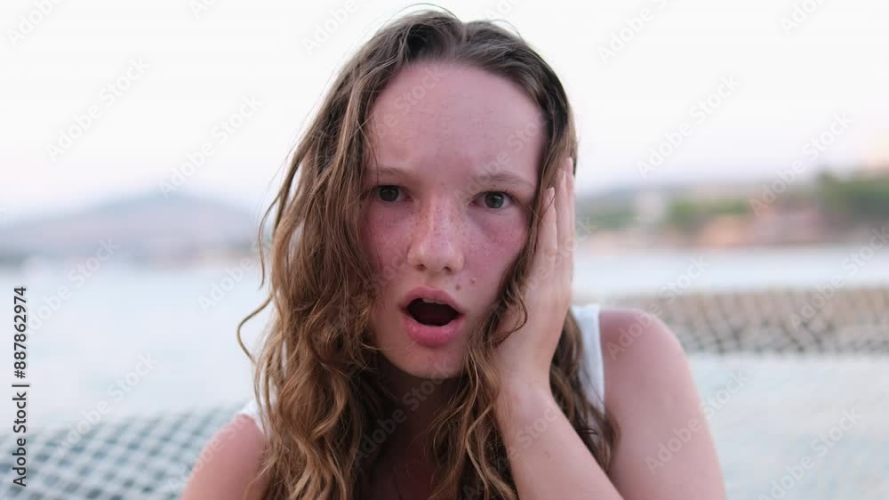 Surprise open mouth Relaxing on beach emotions of young girl burnt skin ...