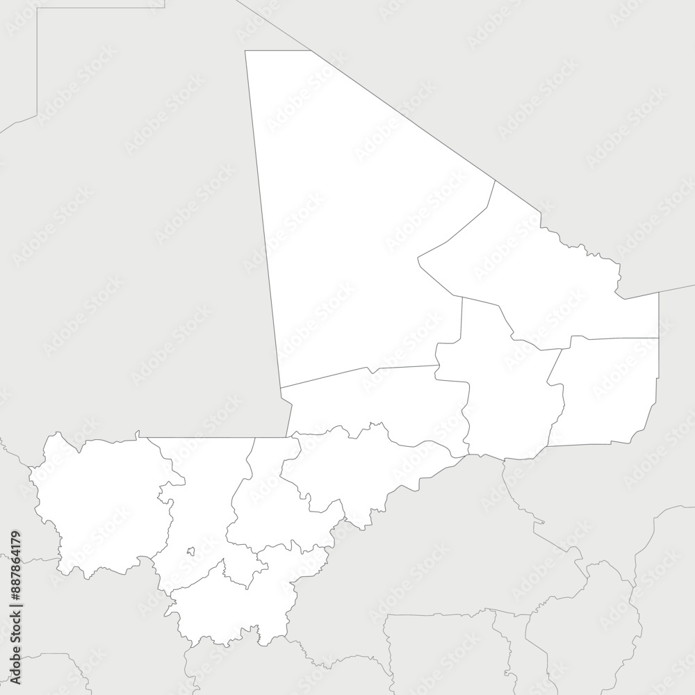 Vector blank map of Mali with regions, capital district and administrative divisions, and ...