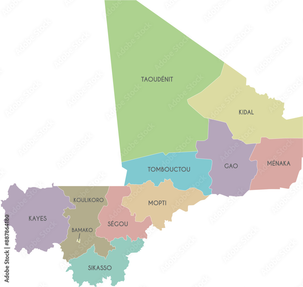 Vector map of Mali with regions, capital district and administrative ...