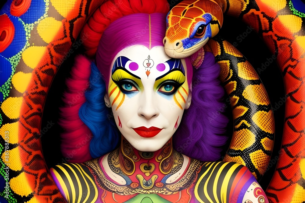 an illustration of a snake woman, lady, circus freak, portrait ...