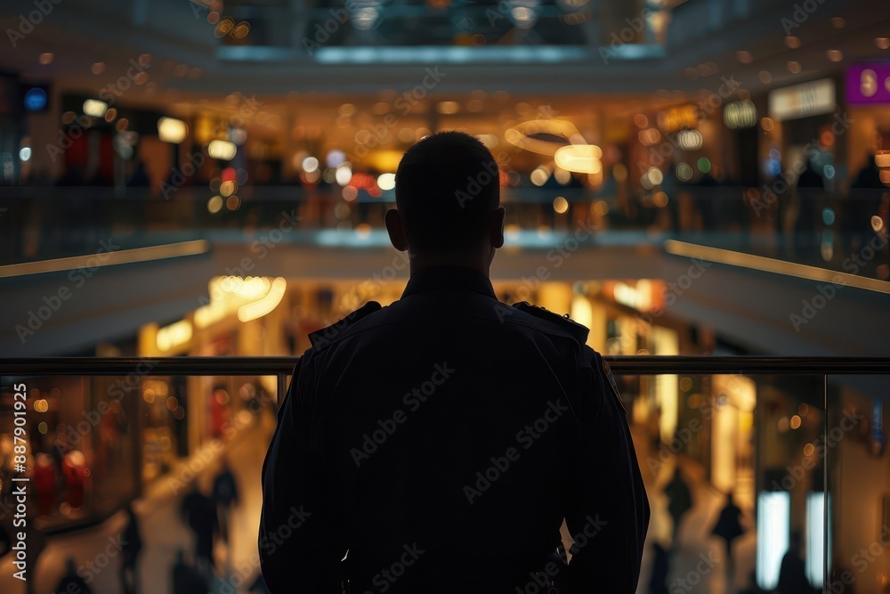 silhouette of security guard facing away overlooking bustling shopping ...