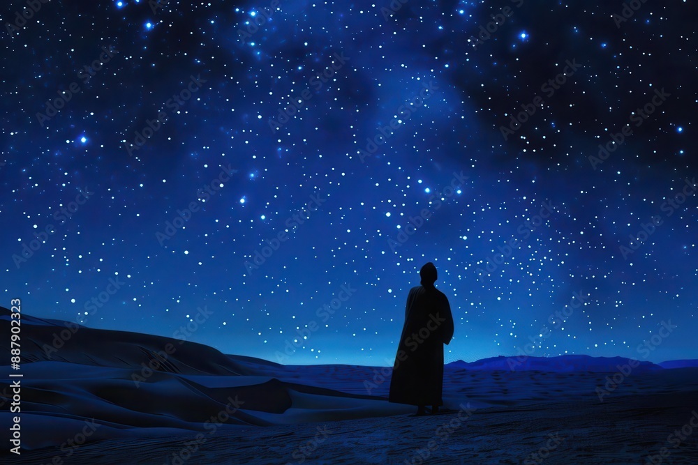 silhouetted figure of abraham gazing upward on a moonlit desert plateau ...