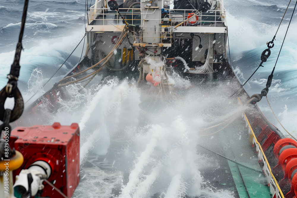 Commercial fishing vessel at work, with nets being cast into the ocean ...