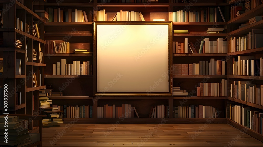 Minimalist empty canvas in a cozy bookstore with wooden shelves and ...