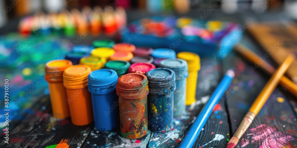 Brightly colored paint jars on a messy, paint-splattered table ...