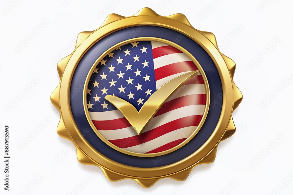 Patriotic gold badge with waving American flag and checkmark symbol ...