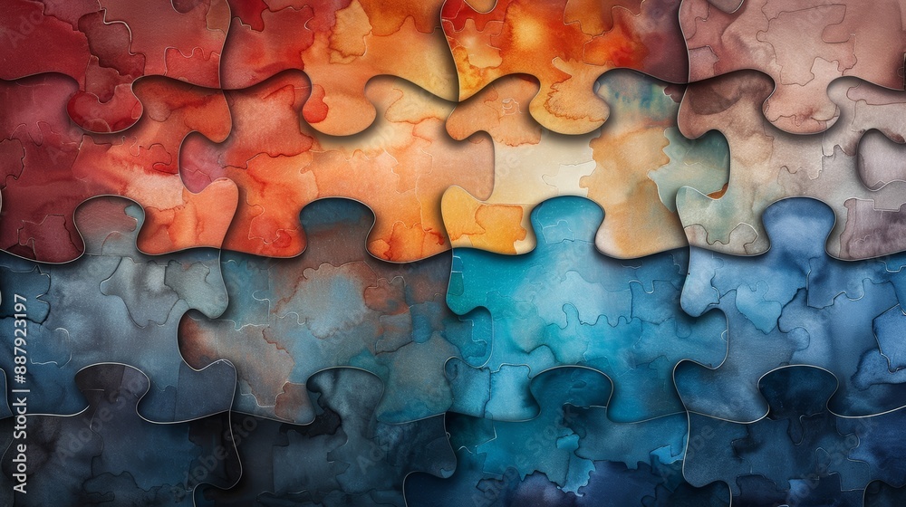 Colorful watercolor jigsaw puzzle pieces interlocking in gradient ...