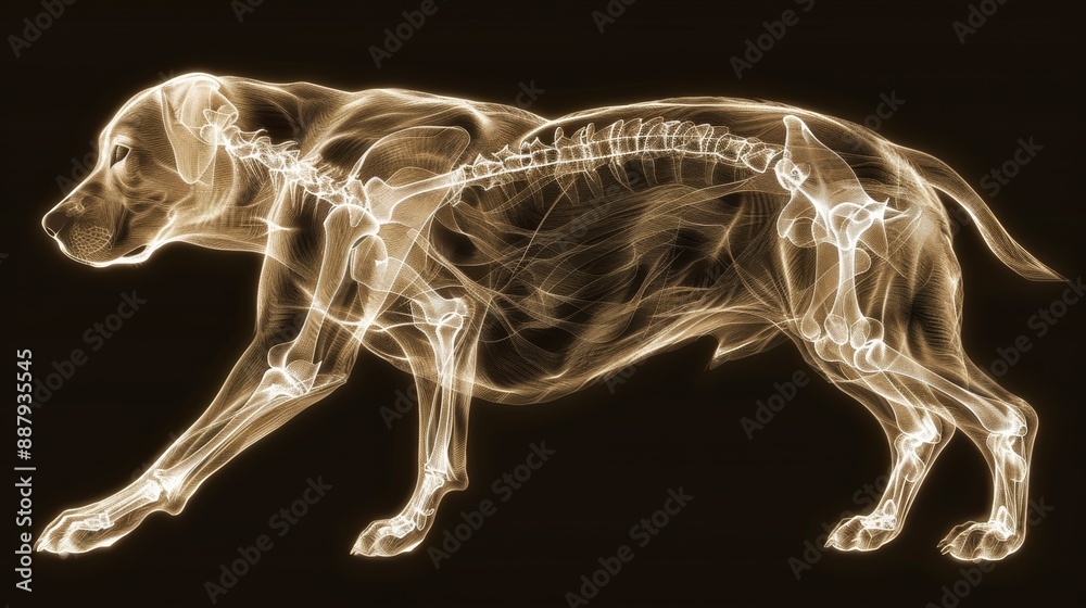 X-ray image of a dog's skeletal system showing bones and joints with ...