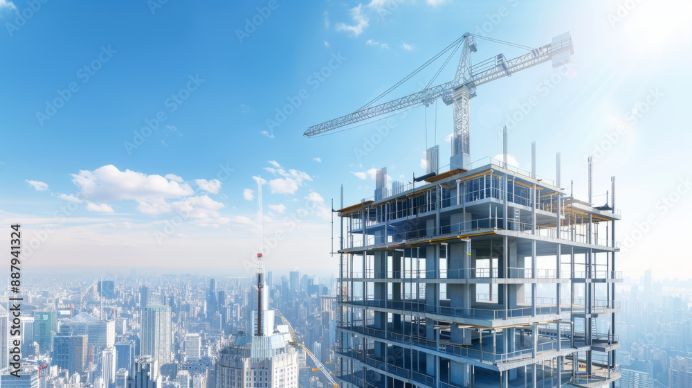 Building a skyscraper with construction cranes and steel framework in ...