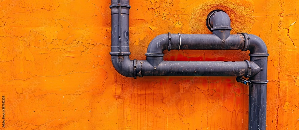 Large PVC pipes installed on an orange cement wall with a side view and ...