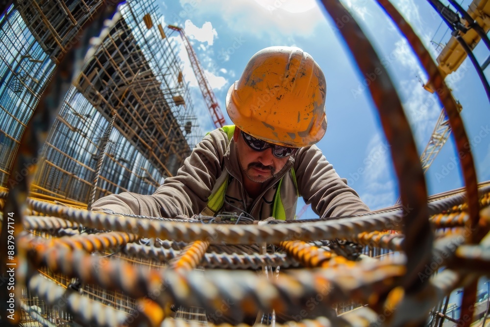 A construction worker wearing a hard hat and safety gear is tightening ...