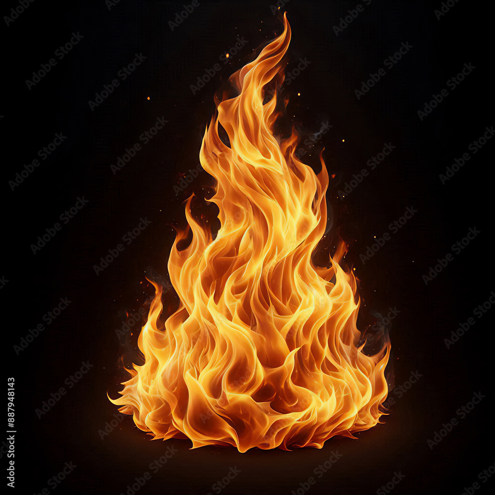 Dynamic fire flames bright orange and yellow colors isolated in dark ...