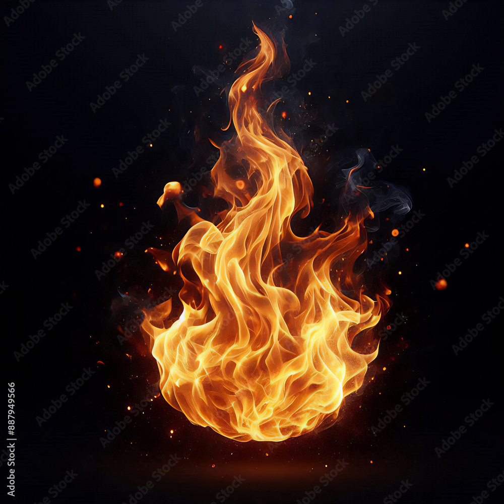 Dynamic fire flames bright orange and yellow colors isolated in dark ...