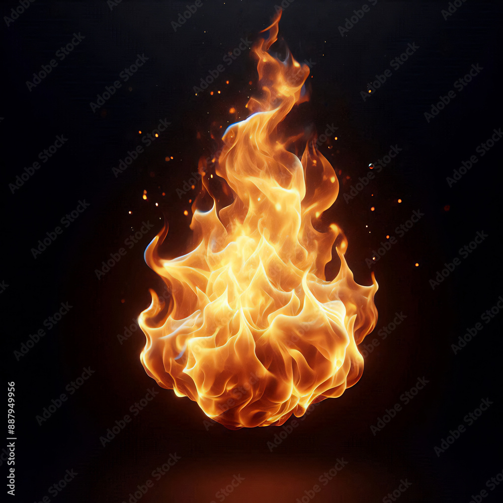 Dynamic fire flames bright orange and yellow colors isolated in dark ...