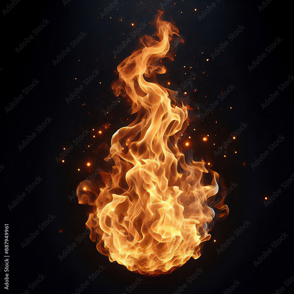 Dynamic fire flames bright orange and yellow colors isolated in dark ...