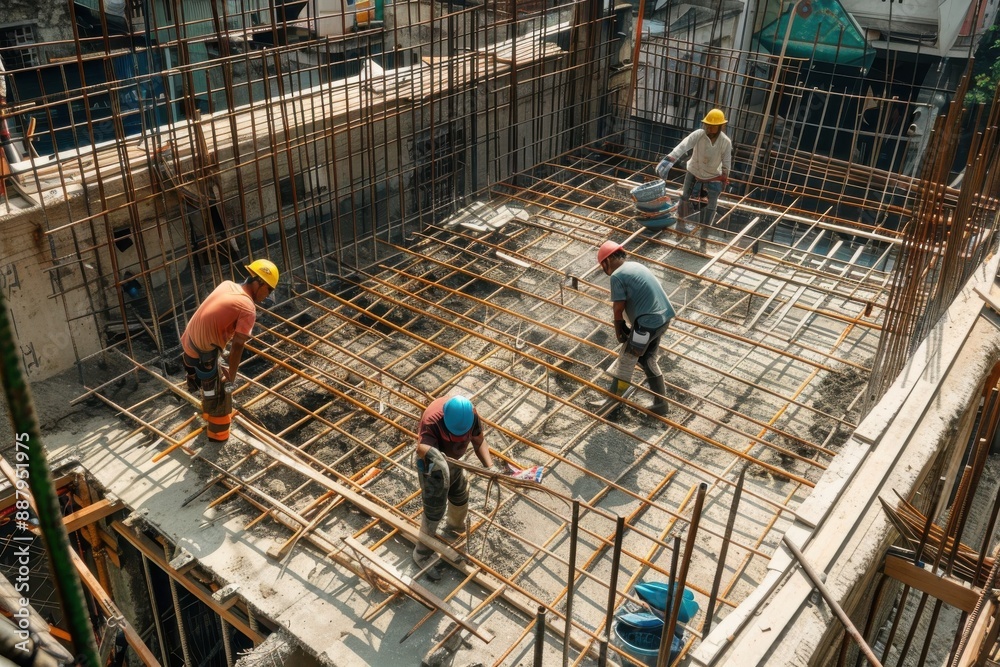 Group of construction workers arranging steel rebar on a building site ...