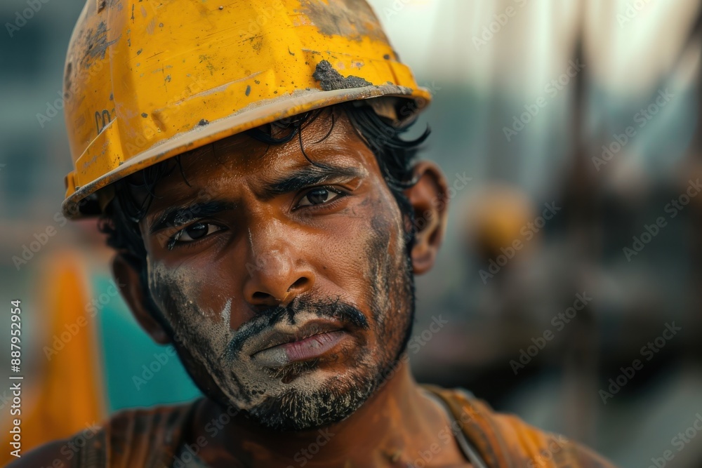 A determined construction worker amidst the busy environment of a site ...