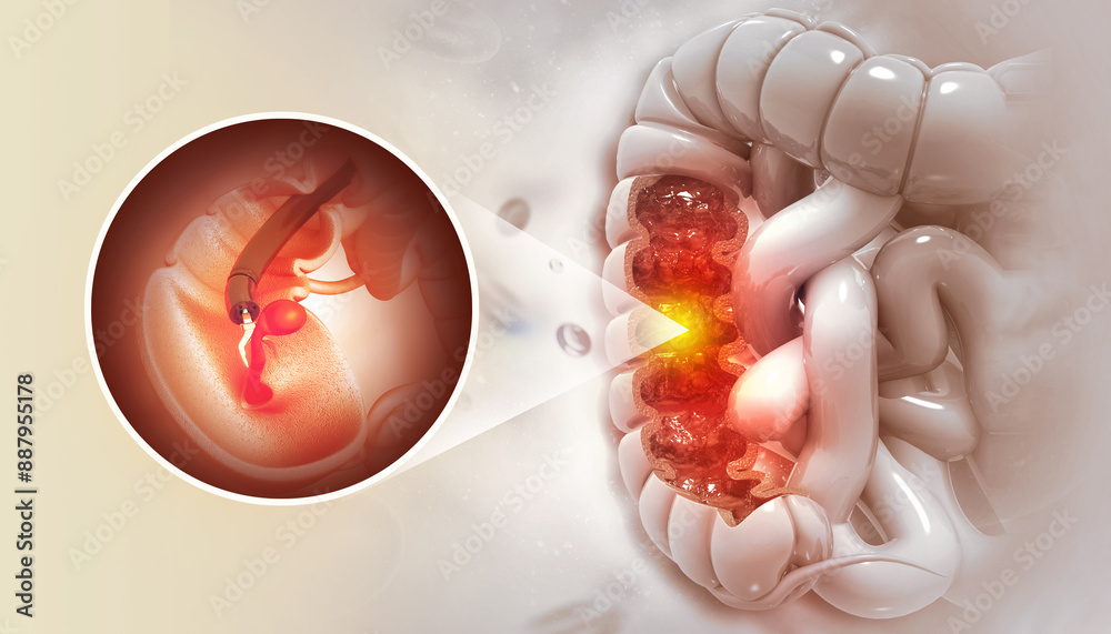 colon cancer. colonoscopy in the colon. polyp removal. 3d illustration ...