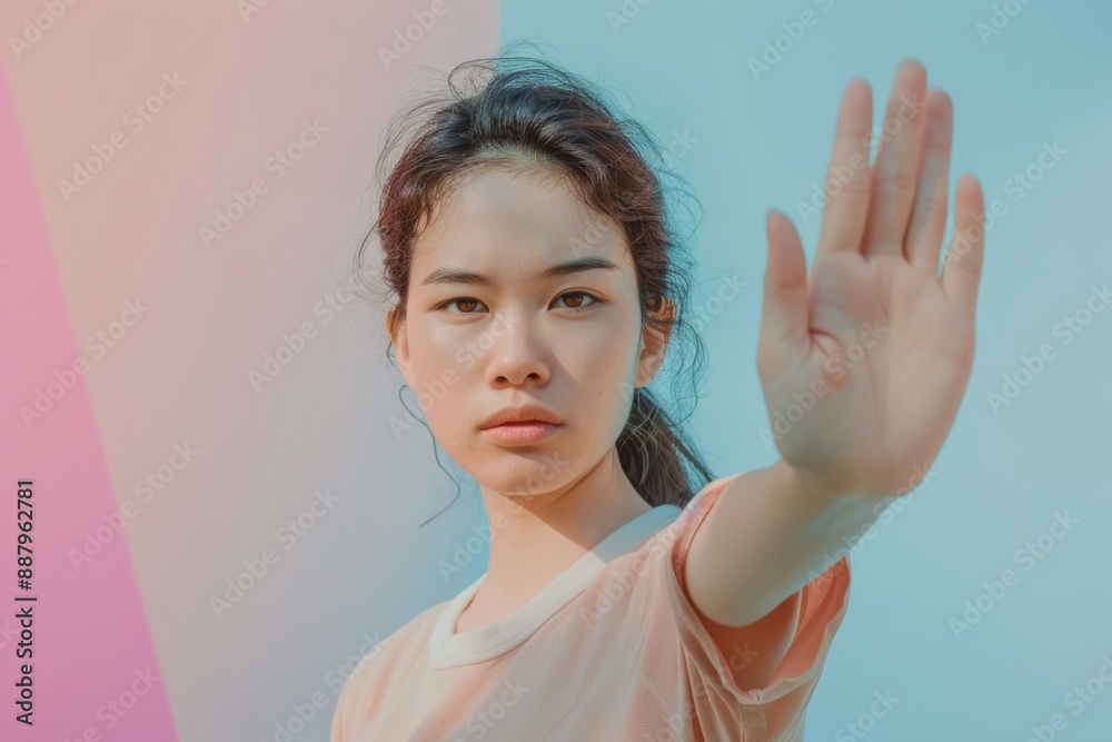 Assertive Gesture: woman making a stop gesture with her hand, minimal backdrop of soft, pastel ...
