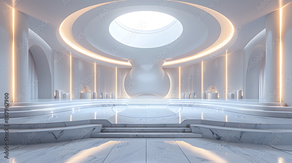 futuristic circular auditorium, white marble floor, curved stadium ...
