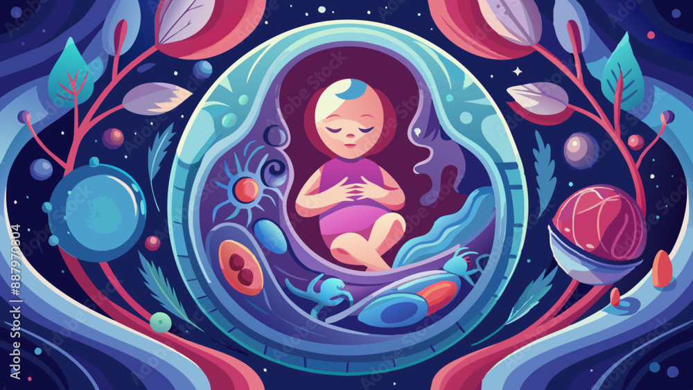 Little human baby inside mother womb. Small embryo in uterus. Cute ...