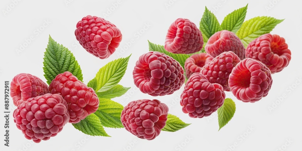Flying ripe juicy raspberries with leaves isolated on white background ...
