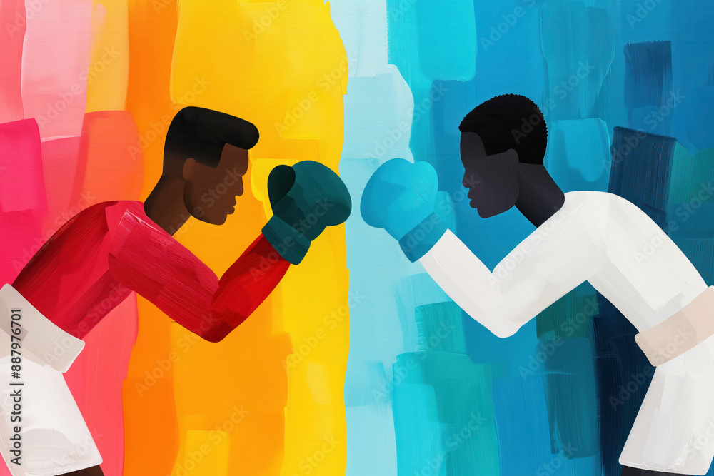 Abstract painting of two boxers facing off in a match, capturing the ...