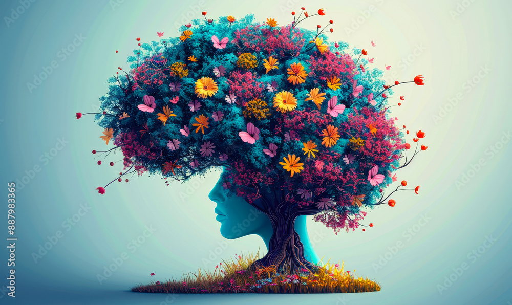 Illustration of Human Brain Tree with Flowers Symbolizing Self-Care and ...