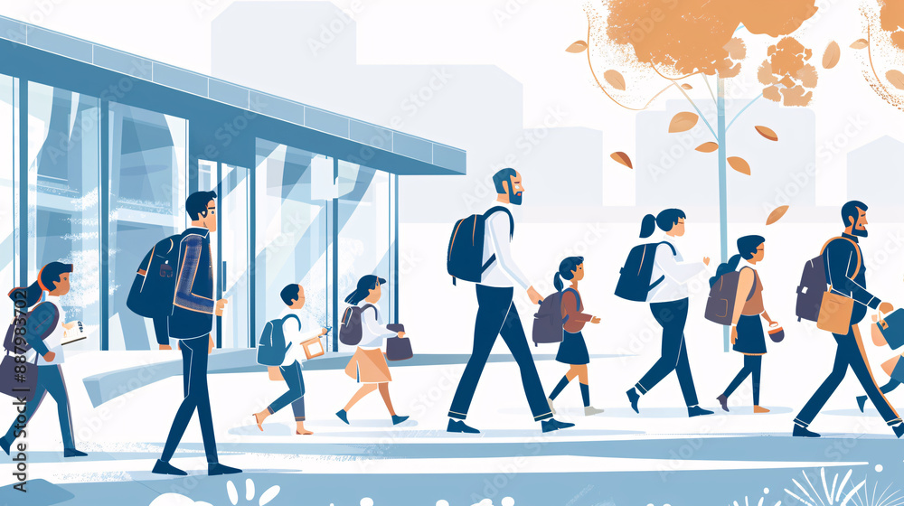 An illustration of an educator commuting to school, interacting with ...