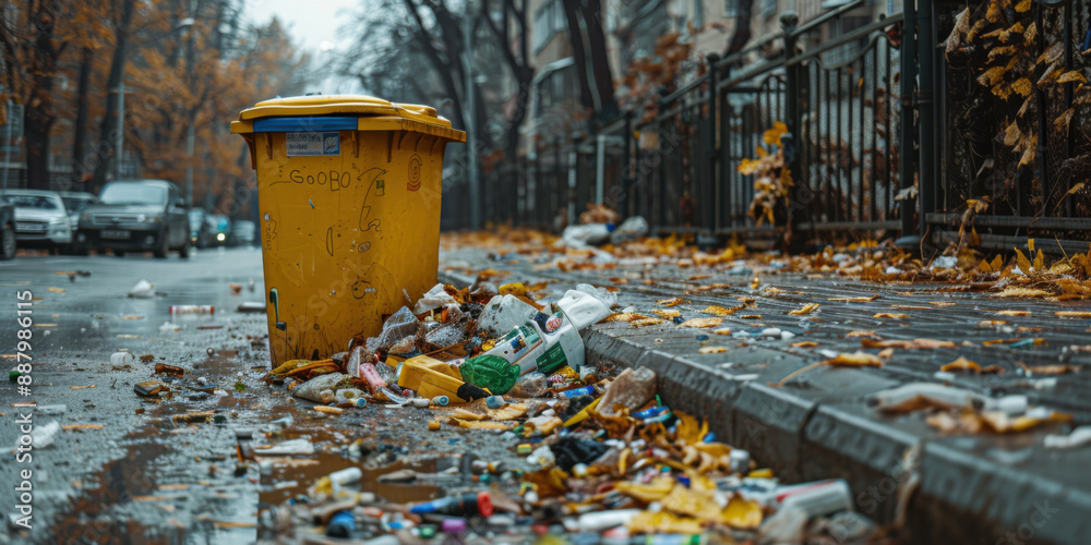 Urban street with an overflowing yellow trash bin surrounded by litter ...