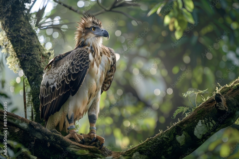 Philippine eagle perched on a tree branch, surrounded by lush greenery ...
