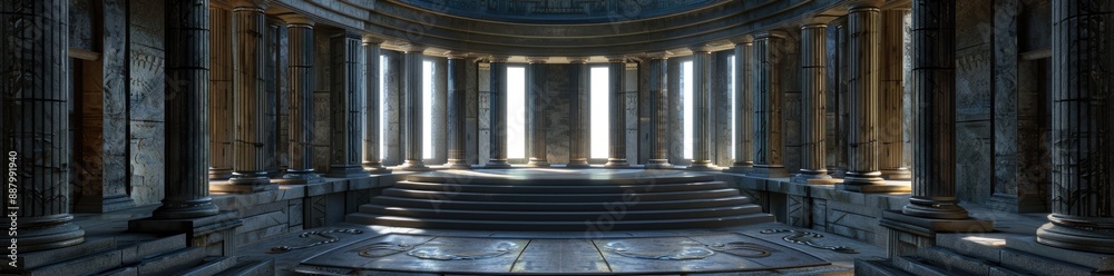 Ancient Greek architecture with circular room and stone pillars. Stock ...