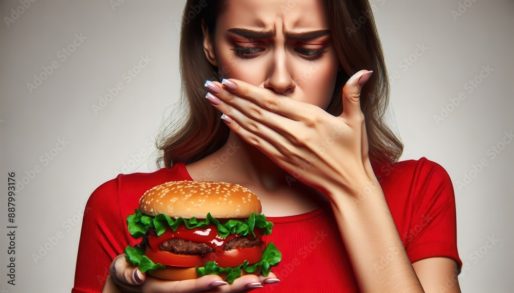 A disgusted young woman covers her mouth while holding a burger ...