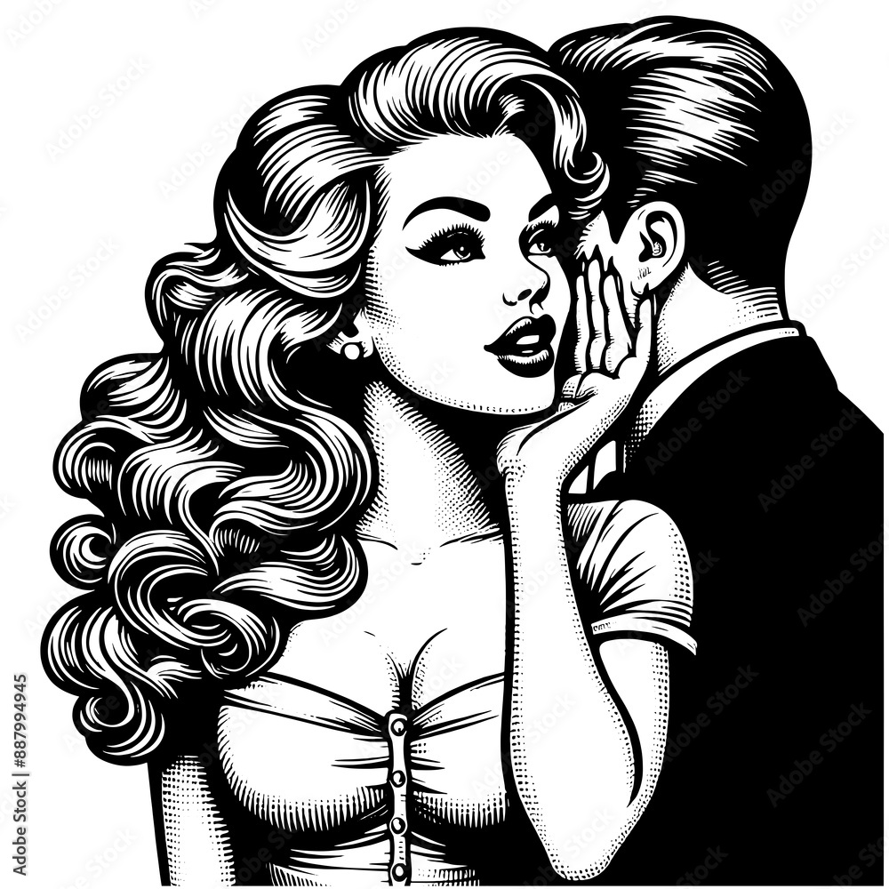 woman whispering a secret to the man, evoking a classic and romantic ...
