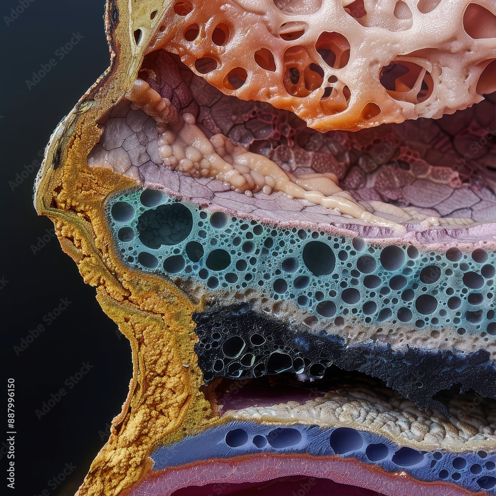 Cross-sectional view of skin showing epidermal layers and cells, Human ...