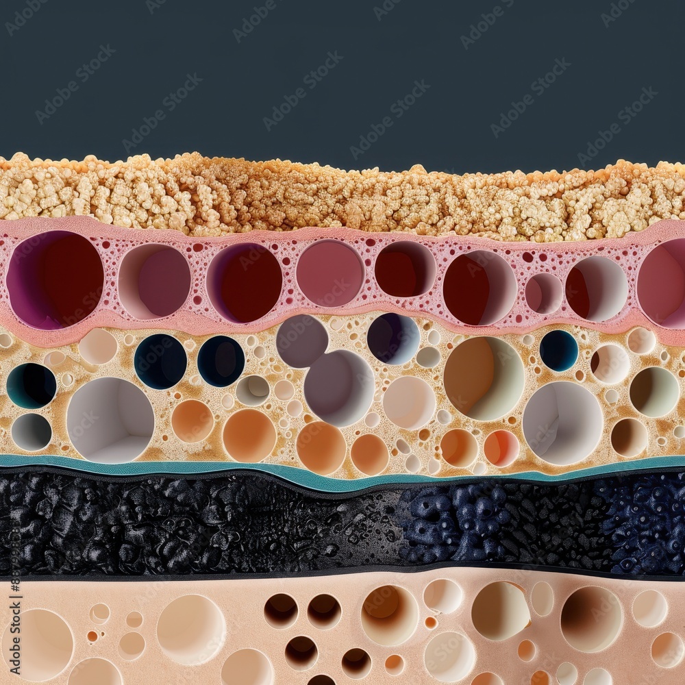 Cross-section of human skin with layers and cells labeled, Human body ...