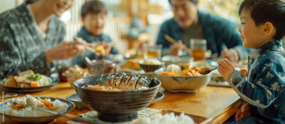 a Japanese family enjoying a morning breakfast together with ...