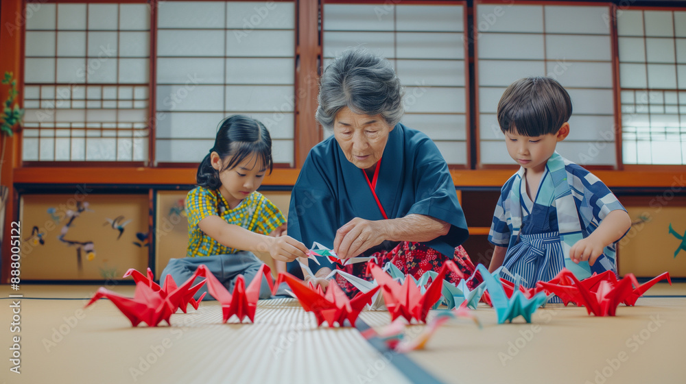 a Japanese grandmother teaching her grandchildren how to make origami ...