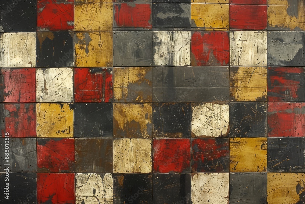 Rustic red, yellow, and black square tiles forming a vintage and ...